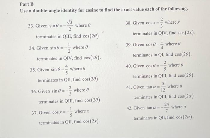 Solved Part B Use a double-angle identity for cosine to find | Chegg.com