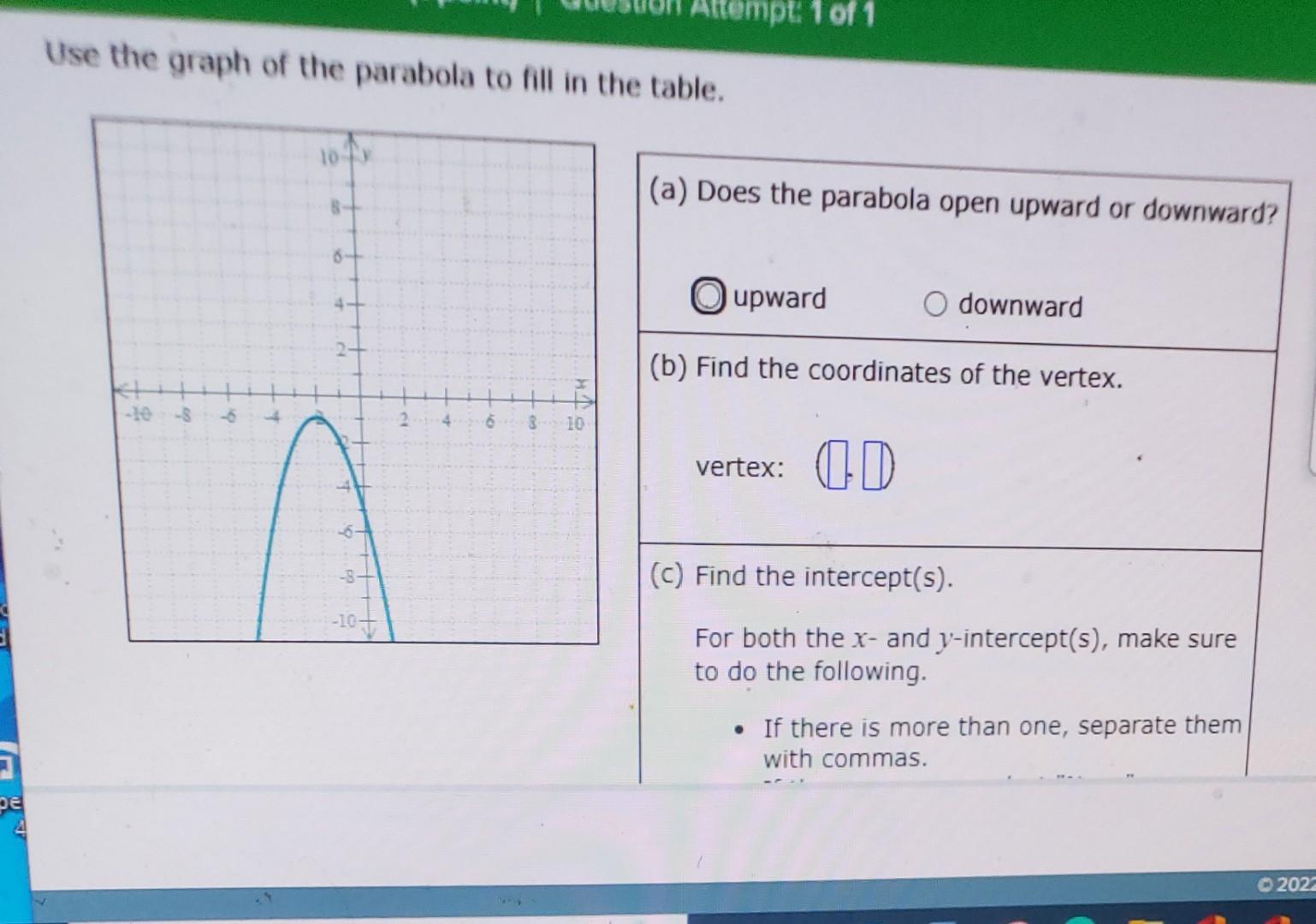 Solved Use the graph of the parabola to fill in the table. | Chegg.com