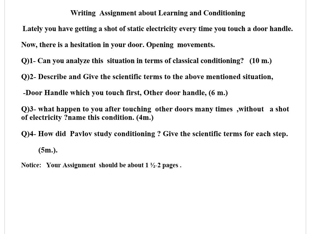 Solved Writing Assignment about Learning and Conditioning | Chegg.com