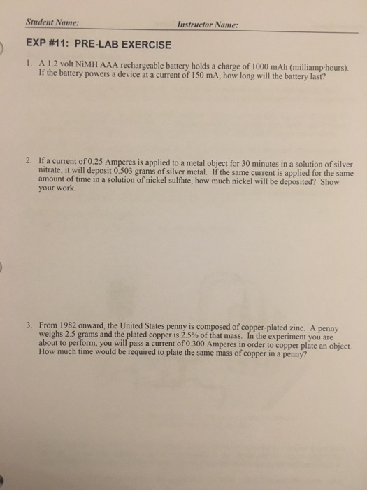 Solved Student Name: Instructor Name: EXP #11: PRE-LAB | Chegg.com