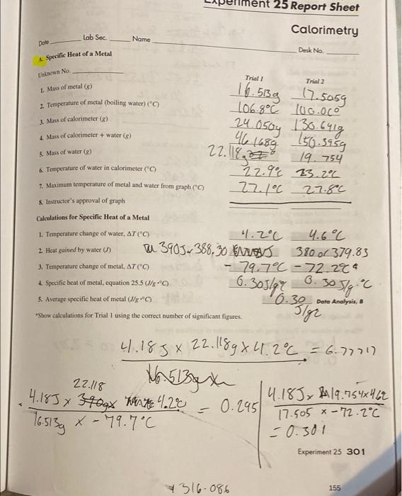 25 Report Sheet Calorimetry Lab Sec Nome Dote Desk No | Chegg.com