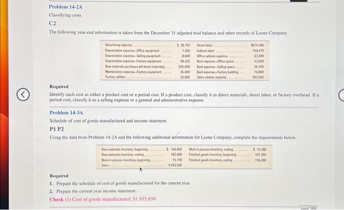 Solved Problem 14-2A Classifying costs C2 The following | Chegg.com