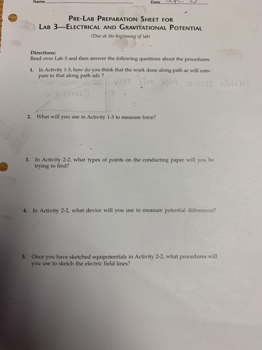 Name Date 1 PRE-LAB PREPARATION SHEET FOR LAB | Chegg.com