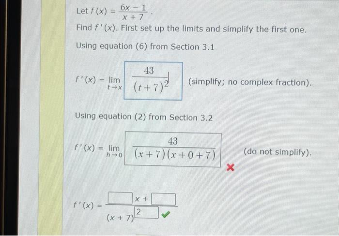 Solved Let F X X 76x−1 Find F′ X First Set Up The Limits