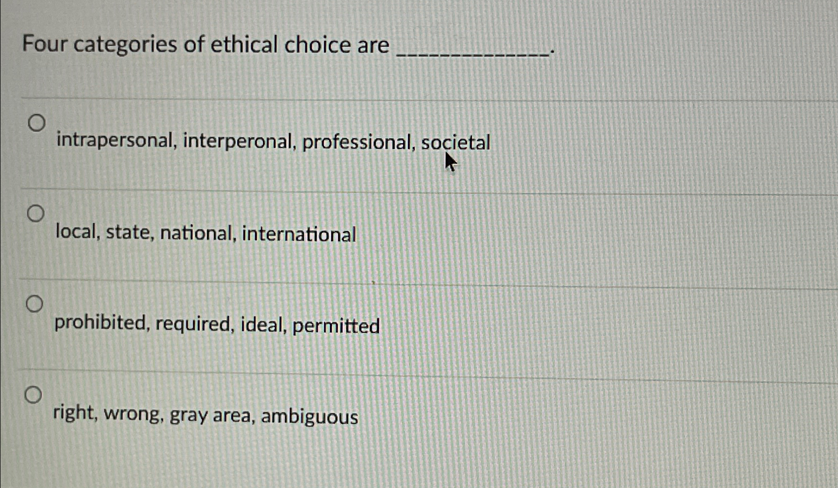 Solved Four categories of ethical choice areintrapersonal, | Chegg.com
