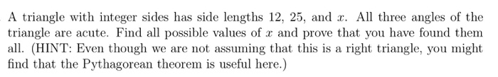 Solved - A triangle with integer sides has side lengths 12, | Chegg.com