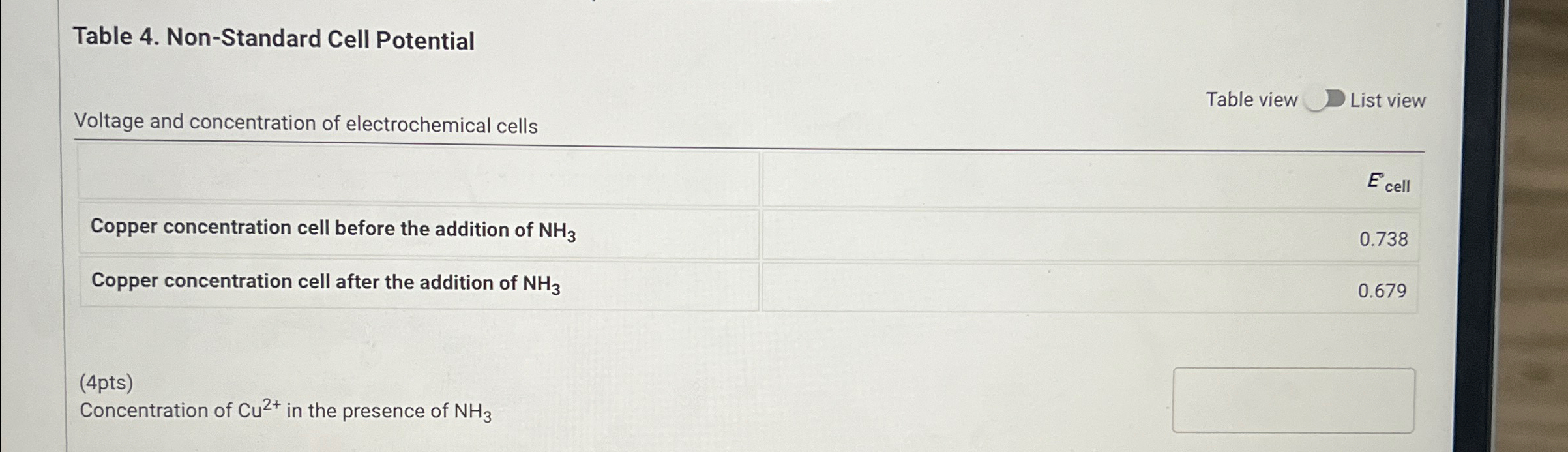 Solved Table 4. ﻿Non-Standard Cell PotentialTable view List | Chegg.com