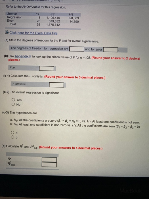 Solved Refer to the ANOVA table for this regression Source | Chegg.com