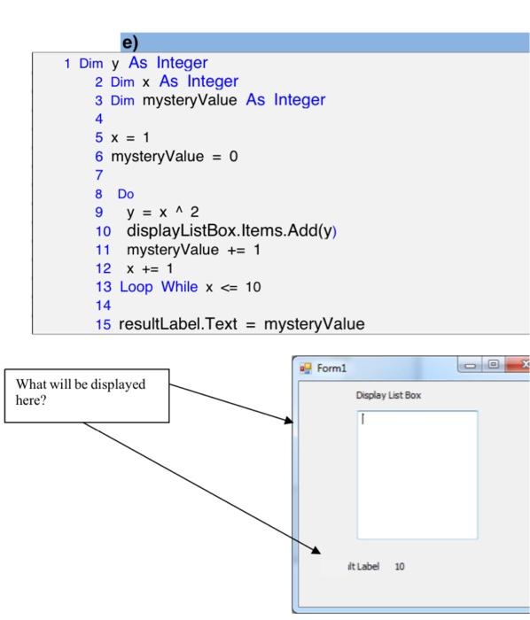 Solved e) 1 Dim y As Integer 2 Dim As Integer 3 Dim mystery | Chegg.com