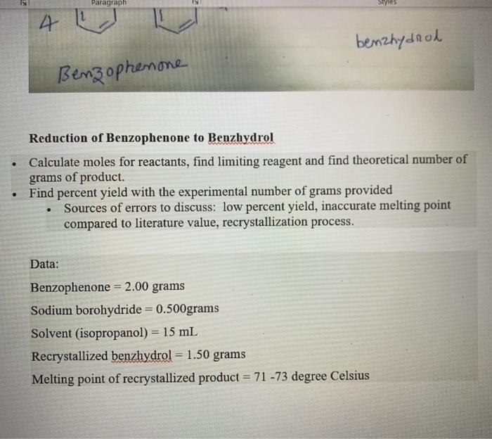 Solved Paragraph Styles 4 lid benzhydrol Benzophemone . | Chegg.com