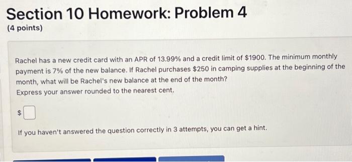 Solved Section 10 Homework: Problem 4 (4 points) Rachel has | Chegg.com