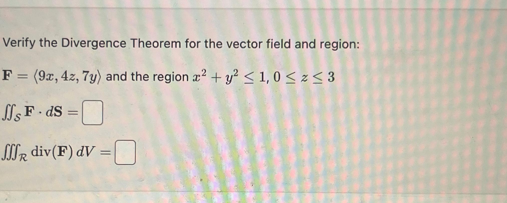 Solved Verify the Divergence Theorem for the vector field | Chegg.com