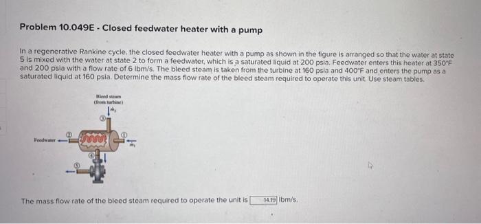 Problem 10.049E - Closed feedwater heater with a pump | Chegg.com