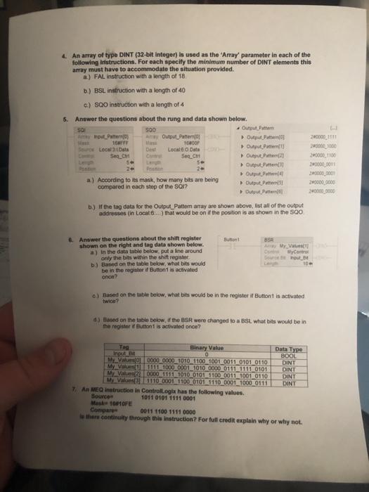 4. An array of type DINT (32-bit Integer) is used as | Chegg.com