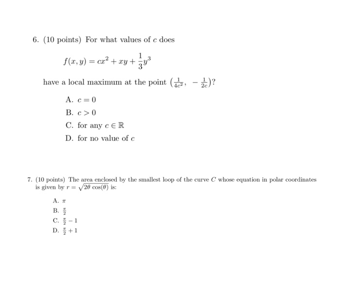 Solved For what values of c does f (x, y) = cx2 + xy + 31 | Chegg.com
