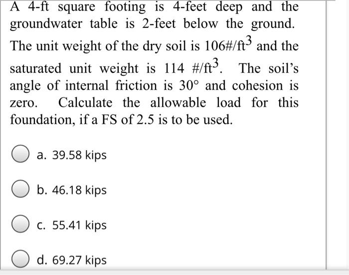 Solved A 4-ft square footing is 4-feet deep and the | Chegg.com