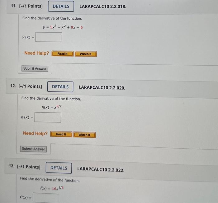 Solved [-/1 Points] LARAPCALC10 2.2.018. Find the derivative | Chegg.com