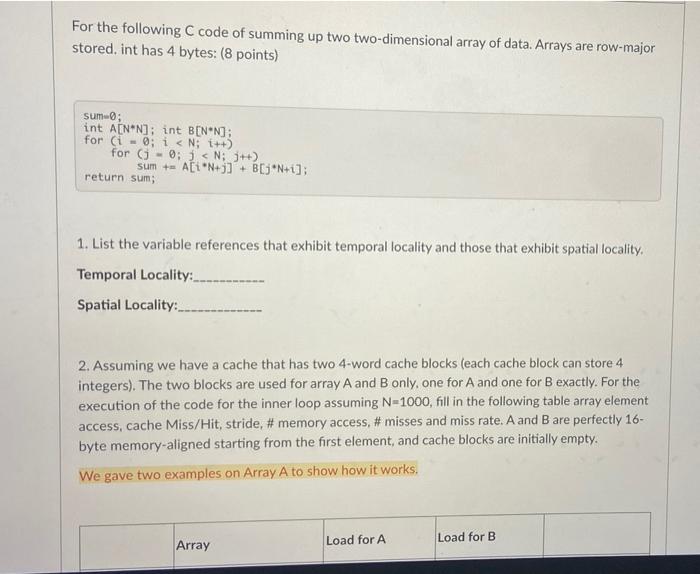 Solved For the following C code of summing up two | Chegg.com