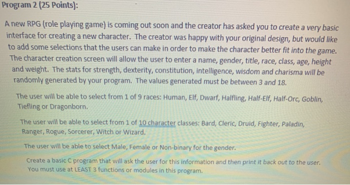 Solved Program 2 (25 Points): A new RPG (role playing game) | Chegg.com