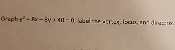 Solved by an EXPERT Graph y2+8x-8y+40=0, ﻿label the vertex, focus, and ...