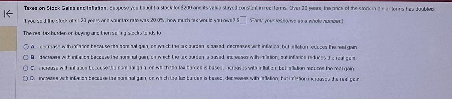 Solved Taxes on Stock Gains and Inflation. Suppose you | Chegg.com