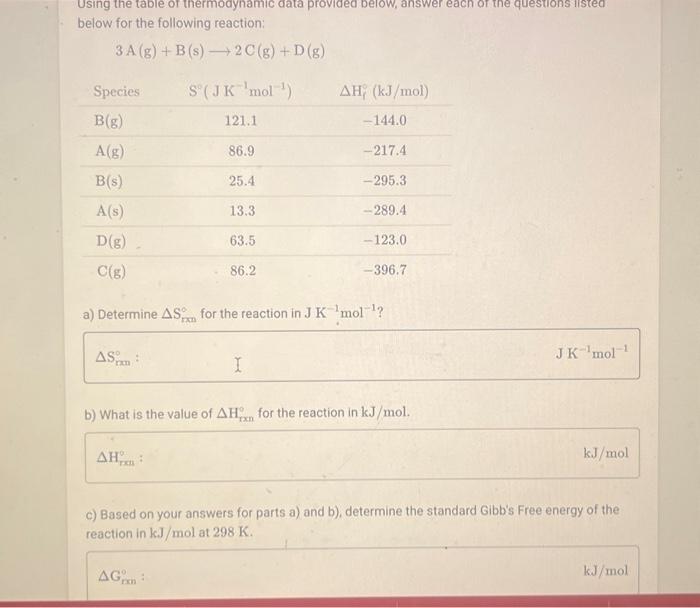 Solved below for the following reaction: 3 A( | Chegg.com