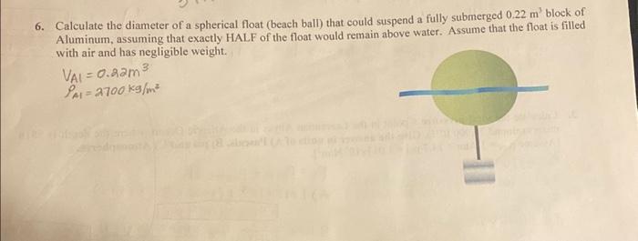 Solved 6. Calculate the diameter of a spherical float (beach | Chegg.com