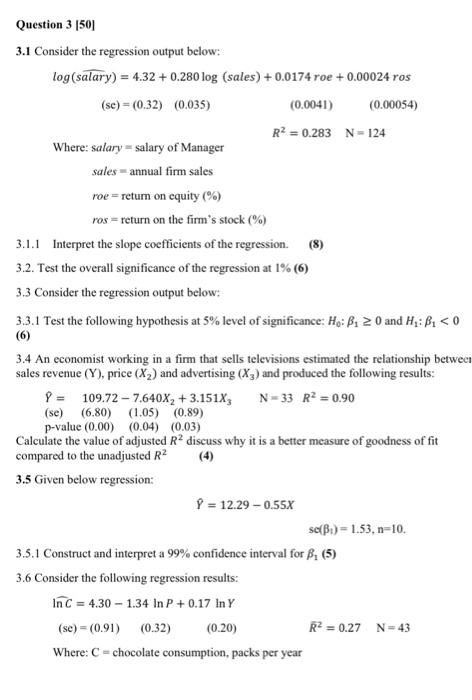 Solved 3.1 Consider the regression output below: log( salary | Chegg.com