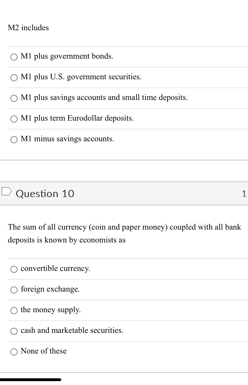 Solved M2 ﻿includesM1 ﻿plus government bonds.M1 ﻿plus U.S. | Chegg.com