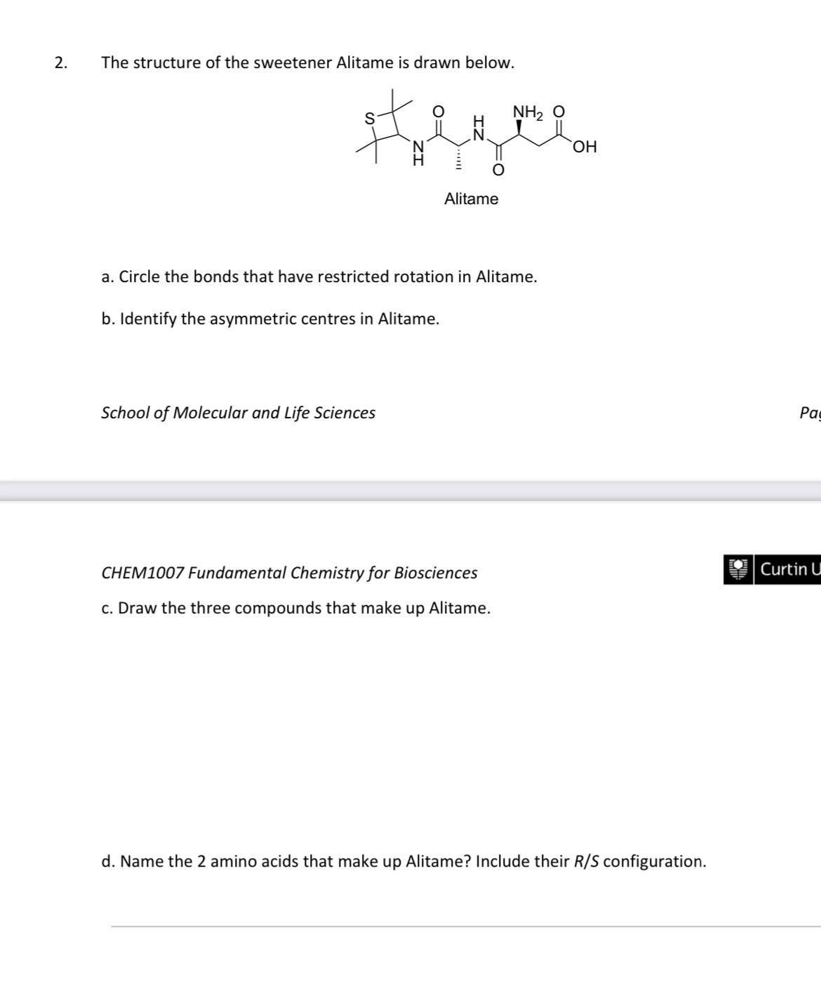 Solved The structure of the sweetener Alitame is drawn | Chegg.com