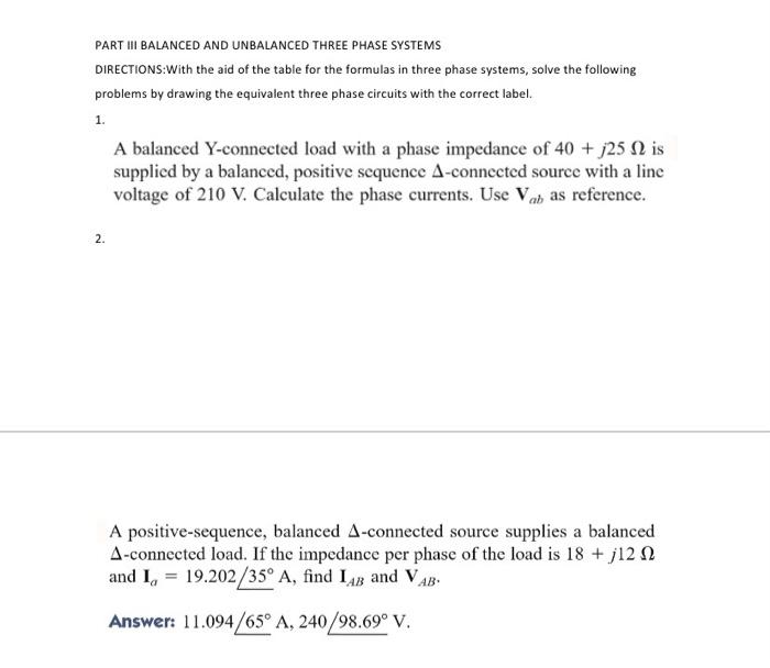 Solved PART II BALANCED AND UNBALANCED THREE PHASE SYSTEMS | Chegg.com