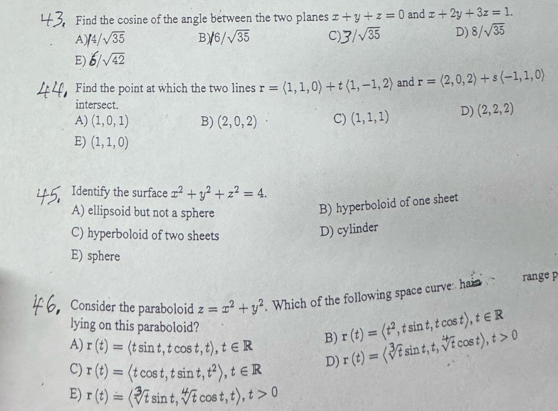 Solved Find the cosine of the angle between the two planes | Chegg.com
