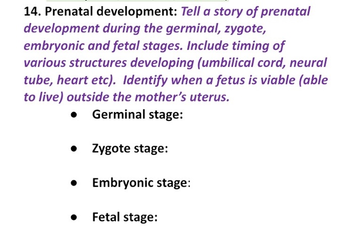 Solved 14. Prenatal development: Tell a story of prenatal | Chegg.com