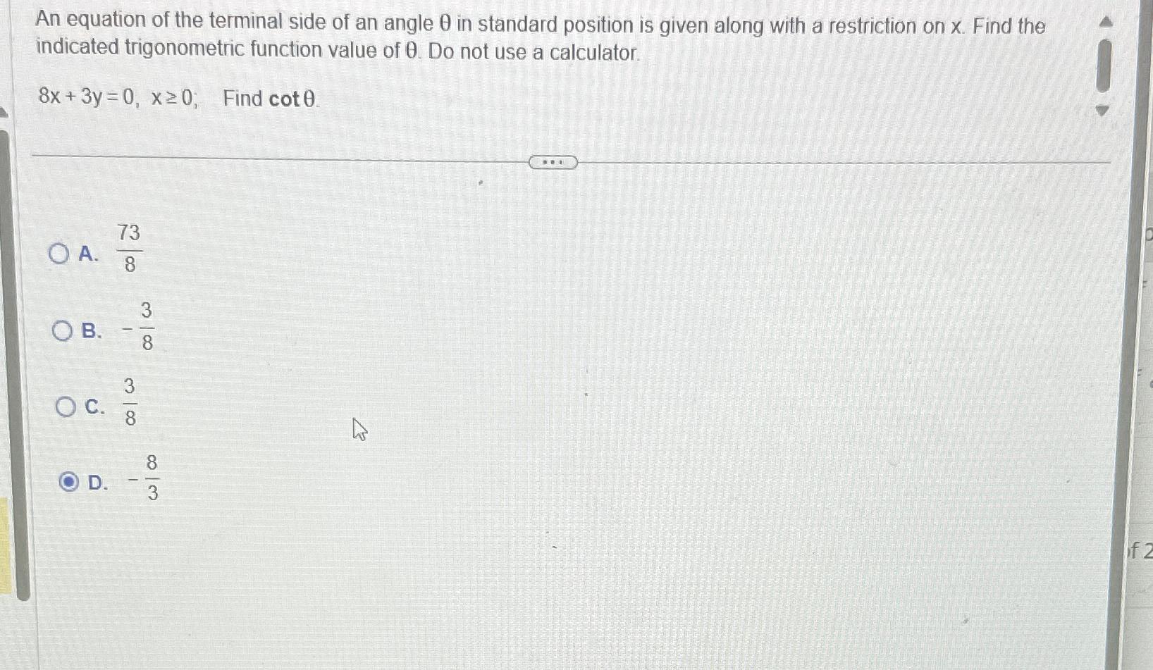 Solved An equation of the terminal side of an angle θ ﻿in | Chegg.com