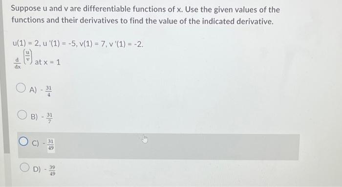 Solved Suppose u and v are differentiable functions of x. | Chegg.com