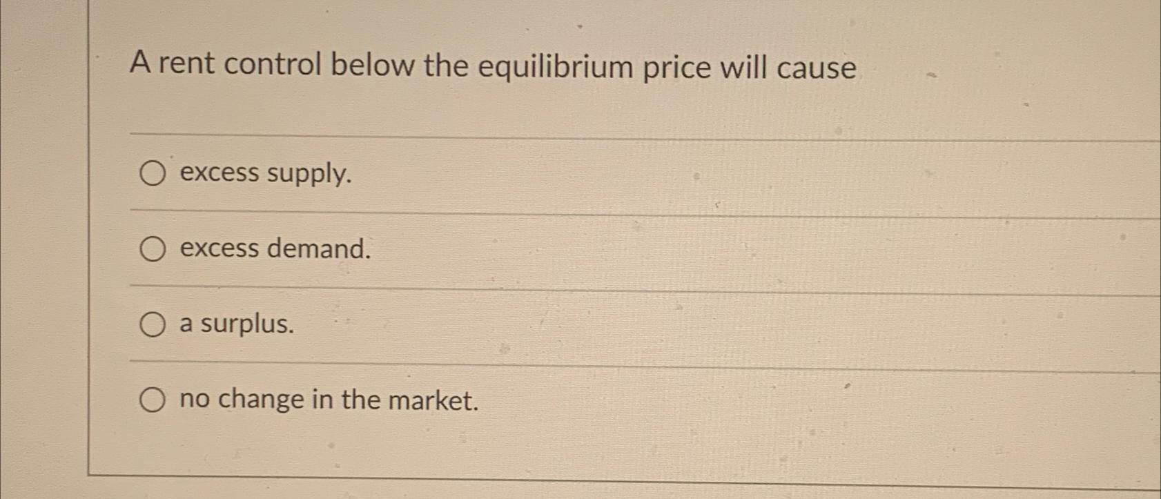 Solved A rent control below the equilibrium price will | Chegg.com