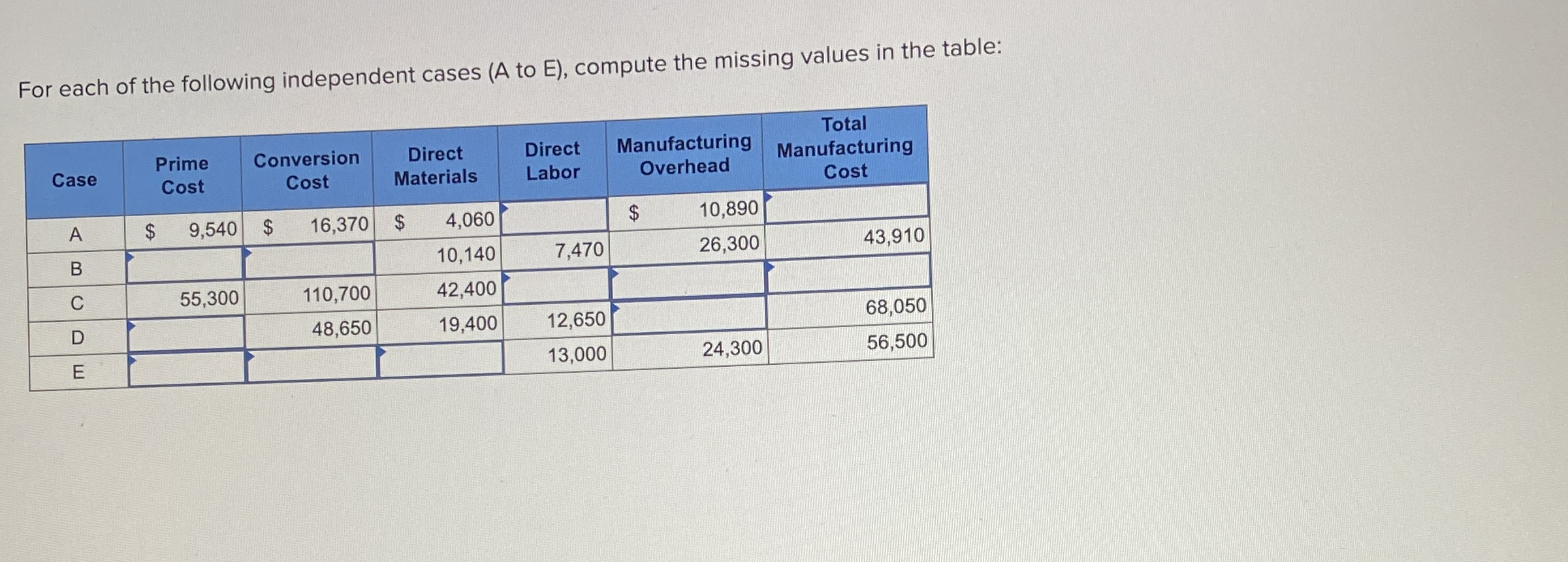 Solved For each of the following independent cases ( A ﻿to | Chegg.com