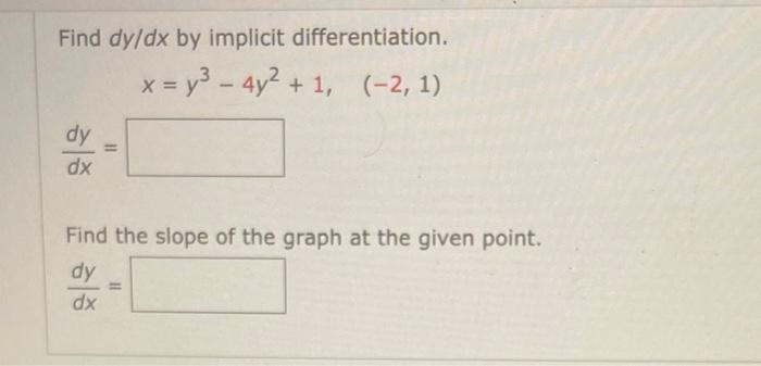 Solved Find dy/dx by implicit differentiation. x = y3 – 4y2 | Chegg.com