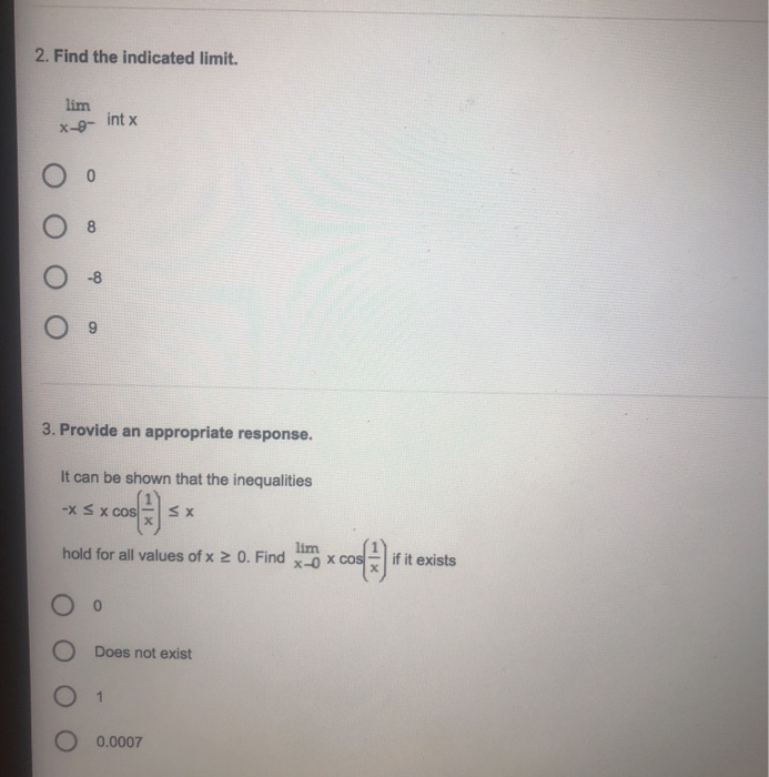 Solved 2. Find the indicated limit. lim *-- int x o ooo 3. | Chegg.com
