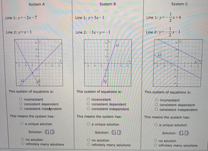 Solved System A System B System C Line 1: y=-2x - 7 Line 1: | Chegg.com