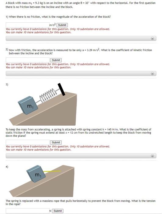 Solved A block with mass m1=9.3 kg is on an incline with an | Chegg.com