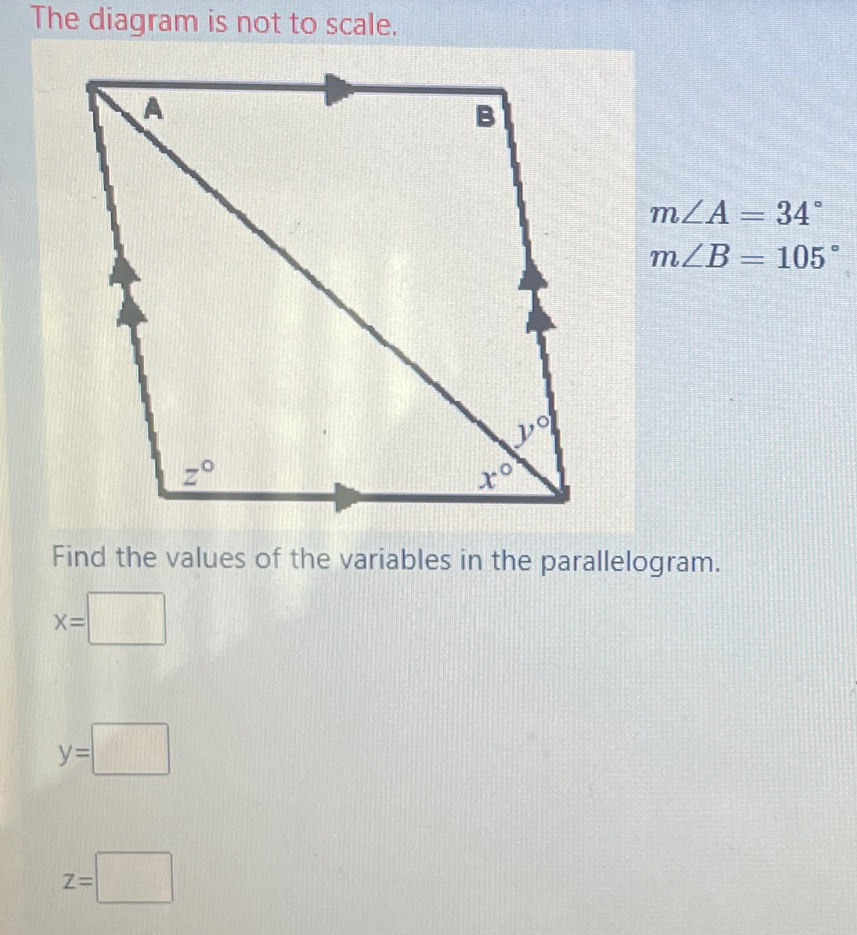 Solved The diagram is not to scale.m?A=34°m?B=105°Find the | Chegg.com