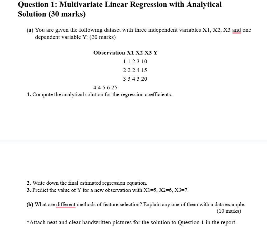 Question 1: Multivariate Linear Regression with | Chegg.com