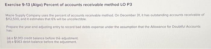 Solved Exercise 9-13 (Algo) Percent of accounts receivable | Chegg.com