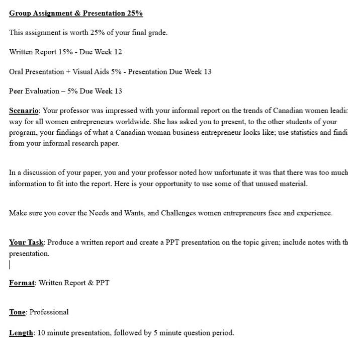 Group Assignment & Presentation 25% This assignment | Chegg.com