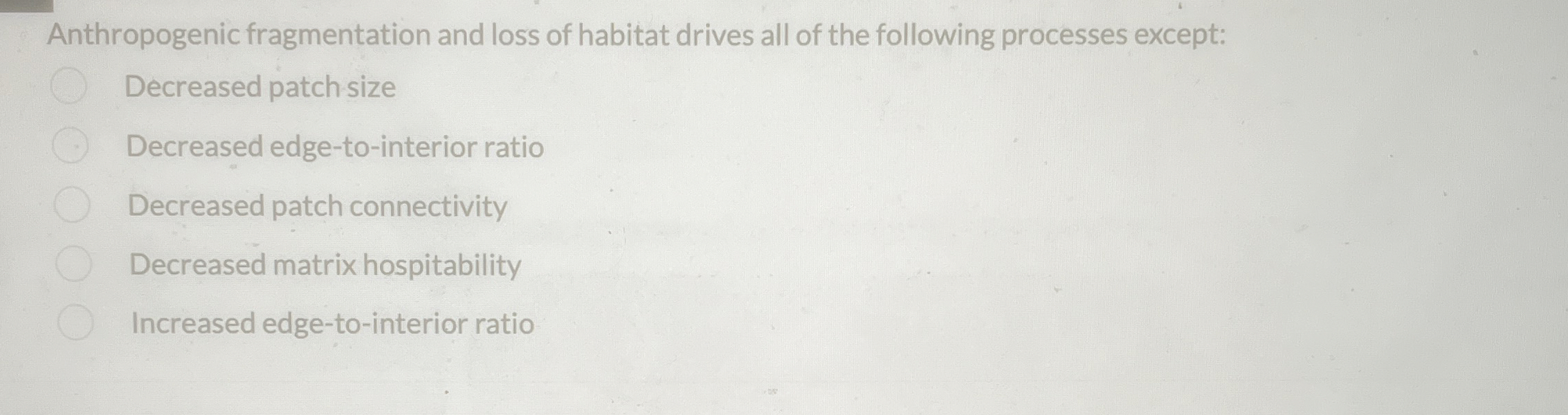 Solved Anthropogenic fragmentation and loss of habitat | Chegg.com