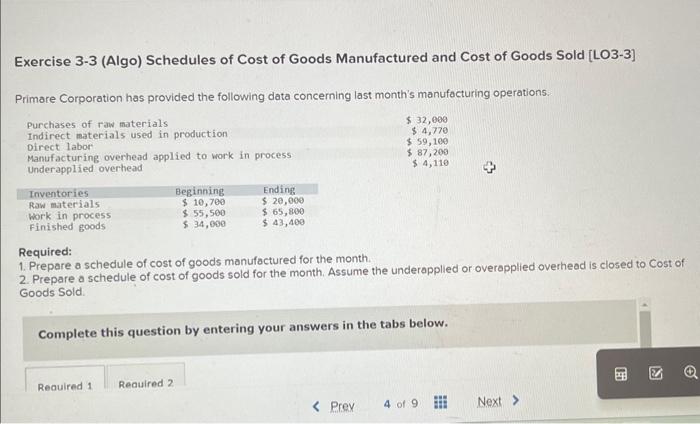 Solved Exercise 3-3 (Algo) Schedules of Cost of Goods | Chegg.com