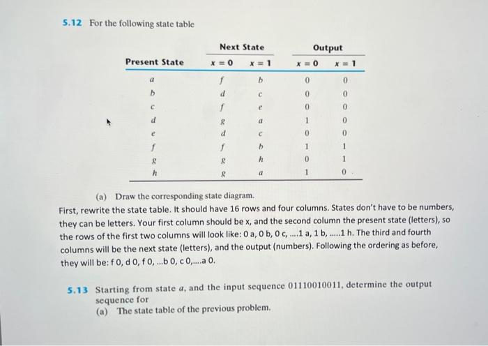 Solved 5.12 For the following state table Present State Next | Chegg.com
