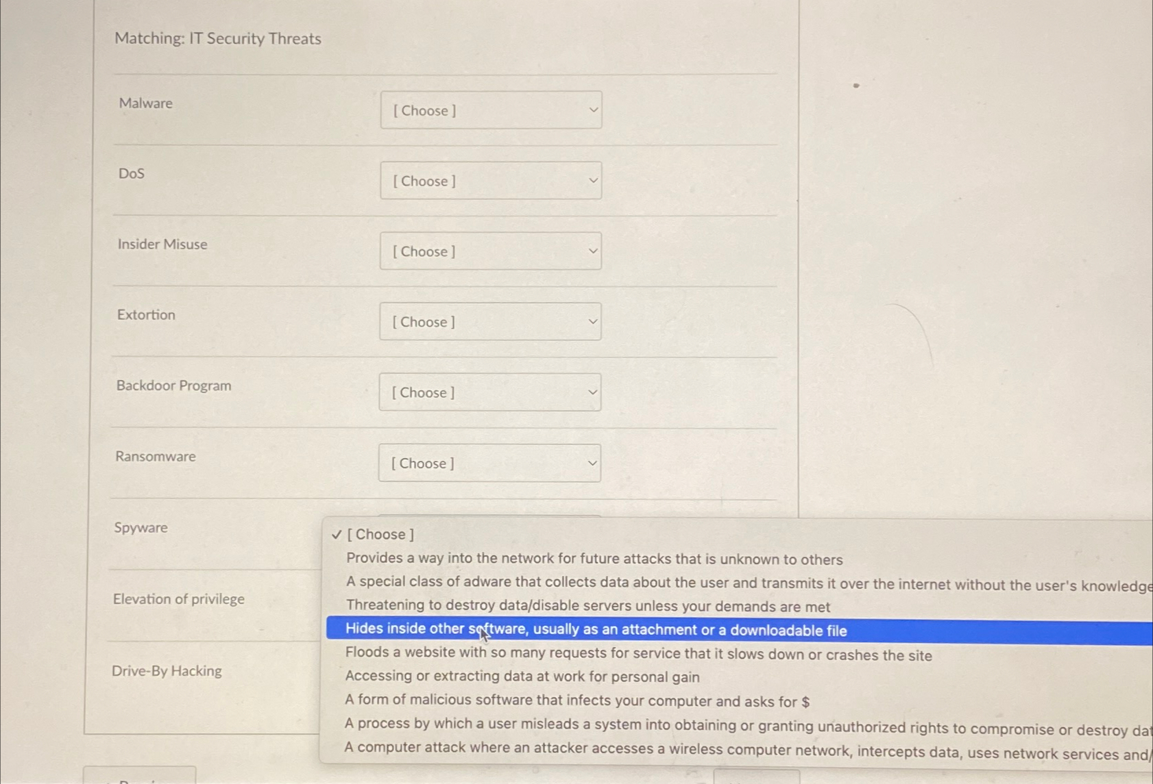 Solved Matching: IT Security ThreatsMalwareDoSInsider | Chegg.com