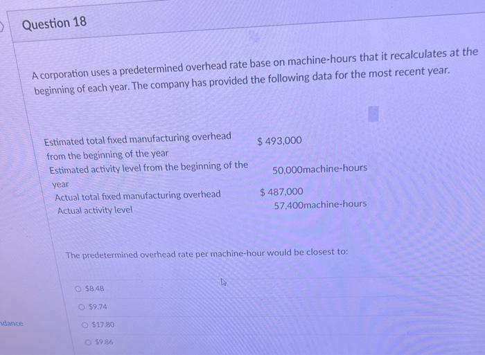 Solved A corporation uses a predetermined overhead rate base | Chegg.com